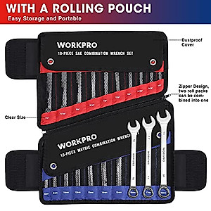 WORKPRO 20-piece Combination Wrench Set, Metric & SAE, Cr-V 12-point Wrench Sets with Roll-Up Pouch, SAE 1/4”- 3/4” and Metric 6mm-18mm, Suitable for Garage, Boat, Car Emergency and General Household