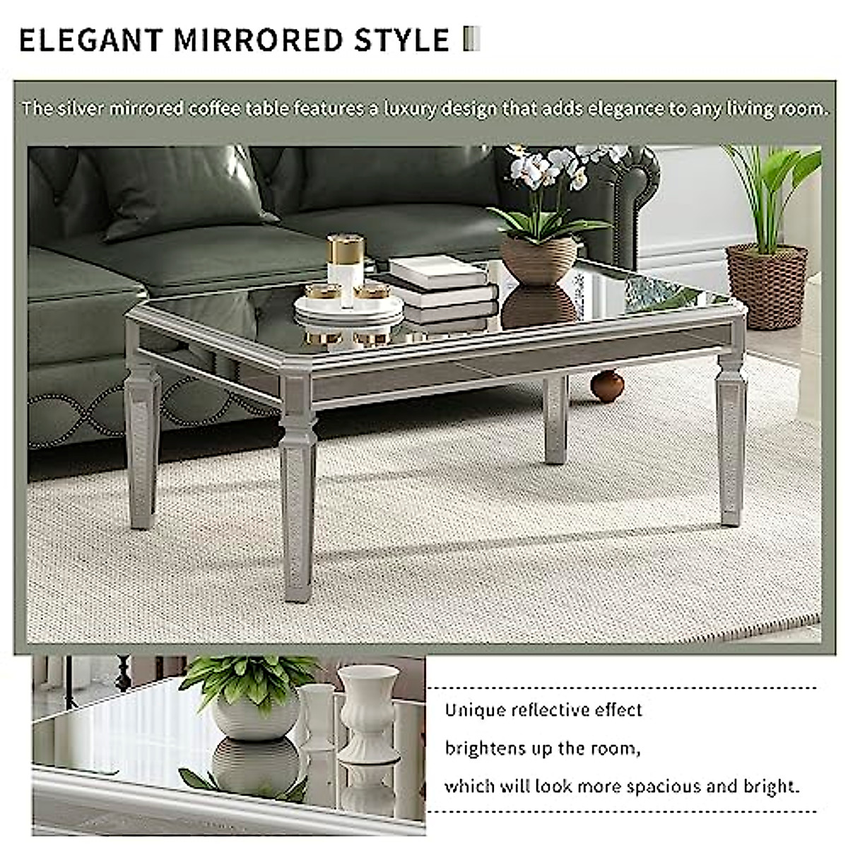 Kootlena Contemporary 35" Glass Mirrored Coffee Table with Adjustable Legs, Easy Assembly Cocktail Table with Sturdy Design, Luxury Center Coffee Table for Living Room