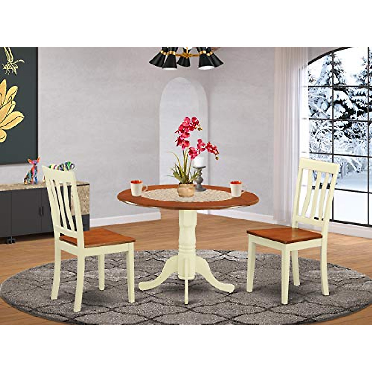 East West Furniture DLAN3-BMK-W 3 Piece Dinette Set for Small Spaces Contains a Round Dining Table with Dropleaf and 2 Kitchen Dining Chairs, 42x42 Inch, Buttermilk & Cherry