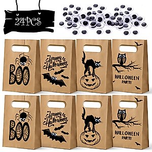 WEEPA Halloween Goodie Bag, 24 Pcs Halloween Bags for Candy Halloween Treat Bags for Trick or Treat Bulk Paper Gift Bags for Kids (Brown)