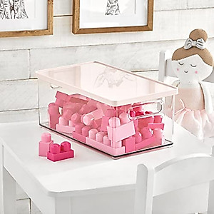 mDesign Plastic Storage Bin Box Container, Lid - Built-In Handles - Organization for Toys, Games, or Accessories in Play or Game Room, Cabinet, Shelves, or Cubby, Ligne Collection, 2 Pack, Clear/Pink