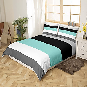 Erosebridal Adults Patchwork Turquoise Striped Twin Duvet Cover Teal Black Gray Bedding Set Modern Geometric Stripes Comforter Cover Soft Lightweight Quilt Cover for All Season with 1 Pillow Case