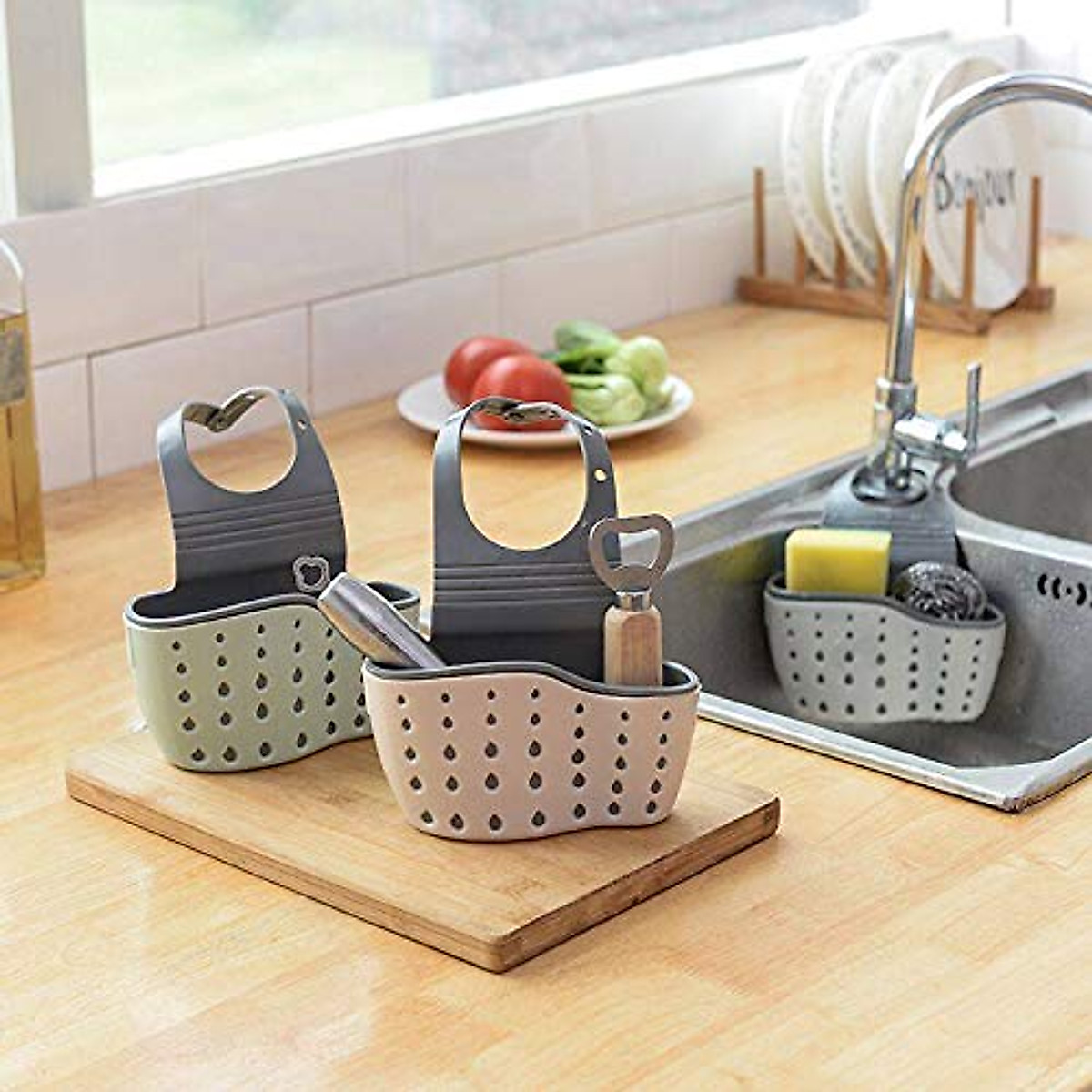 Kitchen Sponge Holder, Kitchen Sink Organizer, Sink Caddy, Sink Tray Drainer Rack, Brush Soap Towel Holder (Beige)