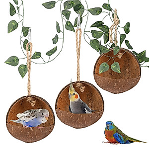 3 Pcs Natural Coconut Bird Hide Nest Birds Parakeet Nest with 6.9 Feet Fake Vines and 4 Hooks, Coconut Fiber Hanging Birdhouse Shell House for Finch Canary Sparrows Reptile Hamster Budgies Cockatiel