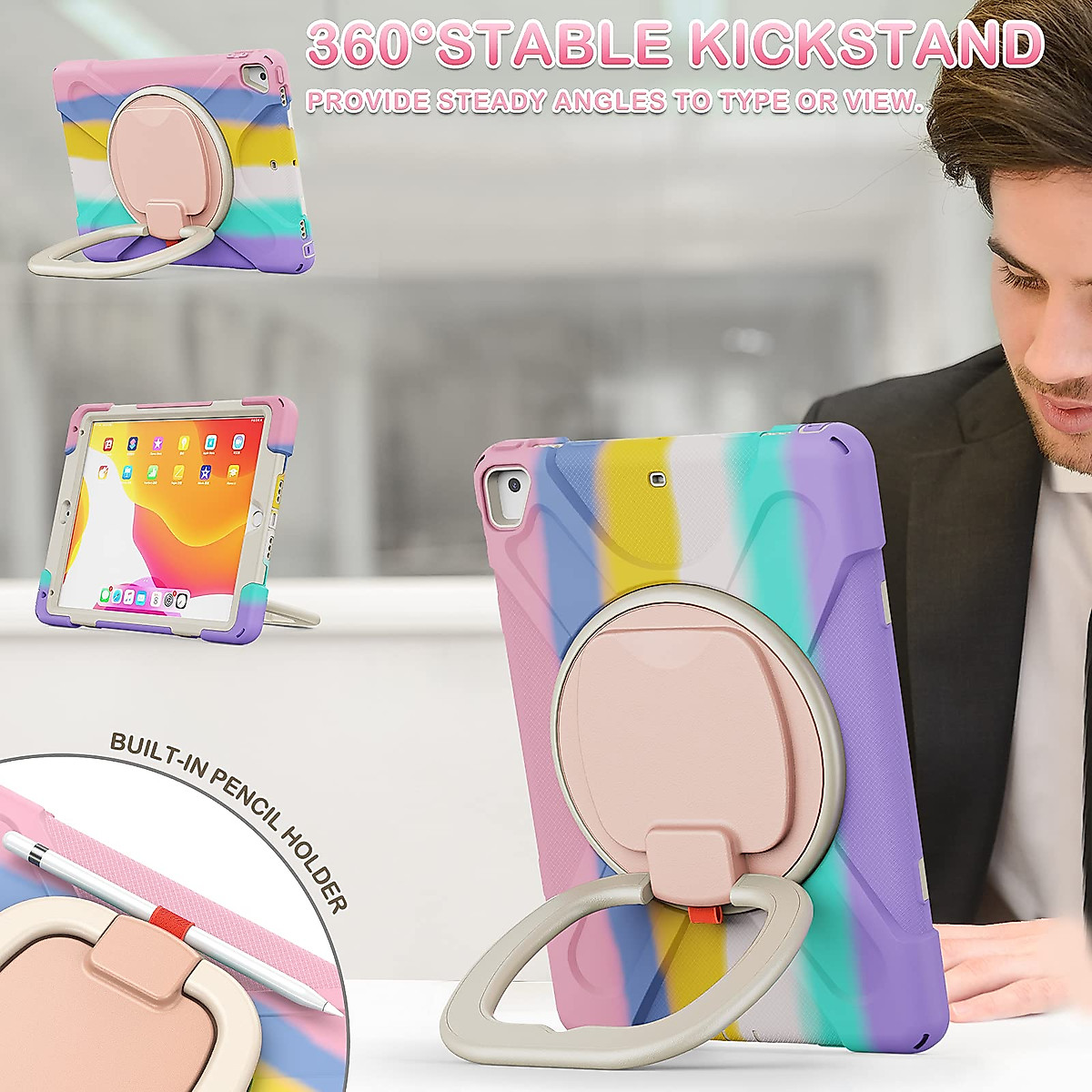 BATYUE Case for iPad 6th Generation 9.7 inch 2018, iPad 5th Gen 2017, iPad Air 2/ iPad Pro 9.7'',Shockproof Protective Cover with Pencil Holder &Rotating Bracket &Shoulder Strap (Colourful Pink)