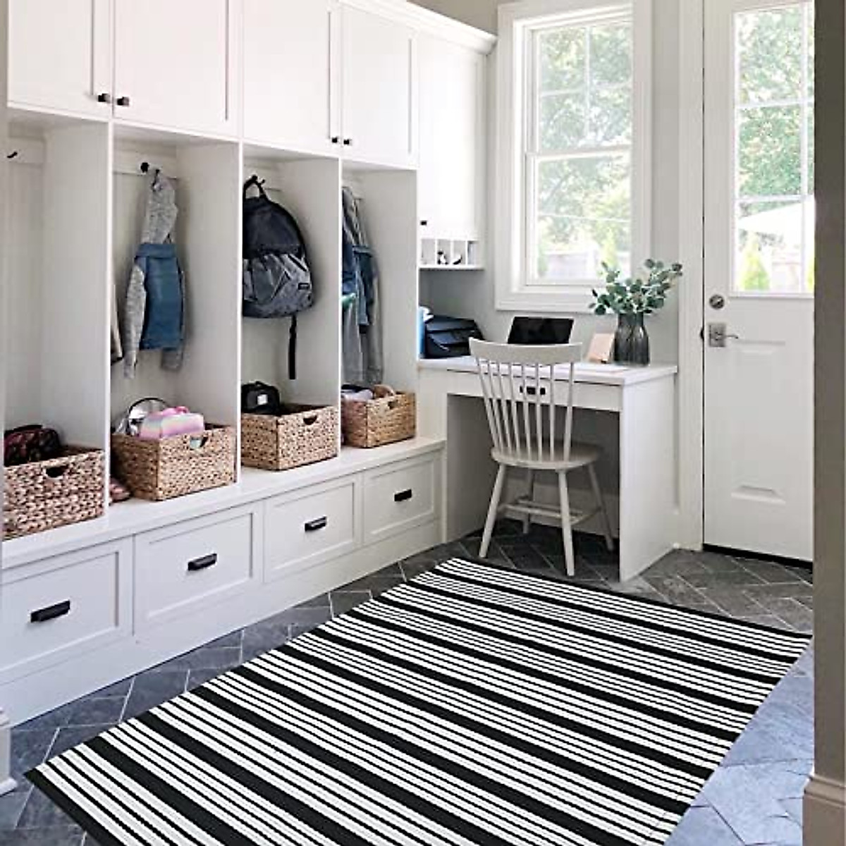 Black and White Striped Outdoor Rug 27.5"x43" Cotton Hand-Woven Reversible Foldable Washable Area Rug for Layered Door Mats Porch/Front Door, Entryway, Laundry Room, Farmhouse, Kitchen (27.5'' x 43'')