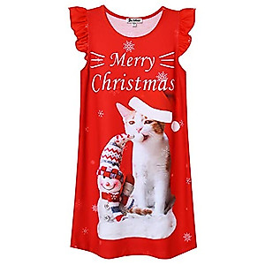 Jxstar Girls Princess Nightgowns Christmas Santa Cat Pajamas Cotton Sleepwear Pjs Dresses,Szie 6 7
