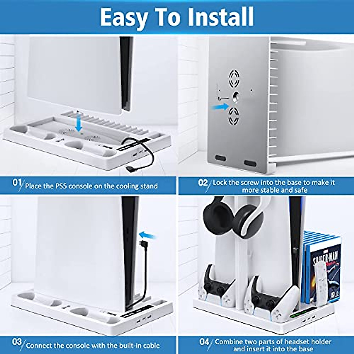 OIVO PS5 Stand with Cooling Fan and Headphone Stand, PS5 Cooling Fan with PS5 Controller Charger for Playstation 5, PS5 Charger with Storage 15 Game