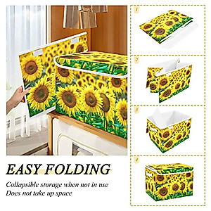 innewgogo Field Yellow Sunflowers Storage Bins with Lids for Organizing Baskets Cube with Cover with Handles Oxford Cloth Storage Cube Box for Car
