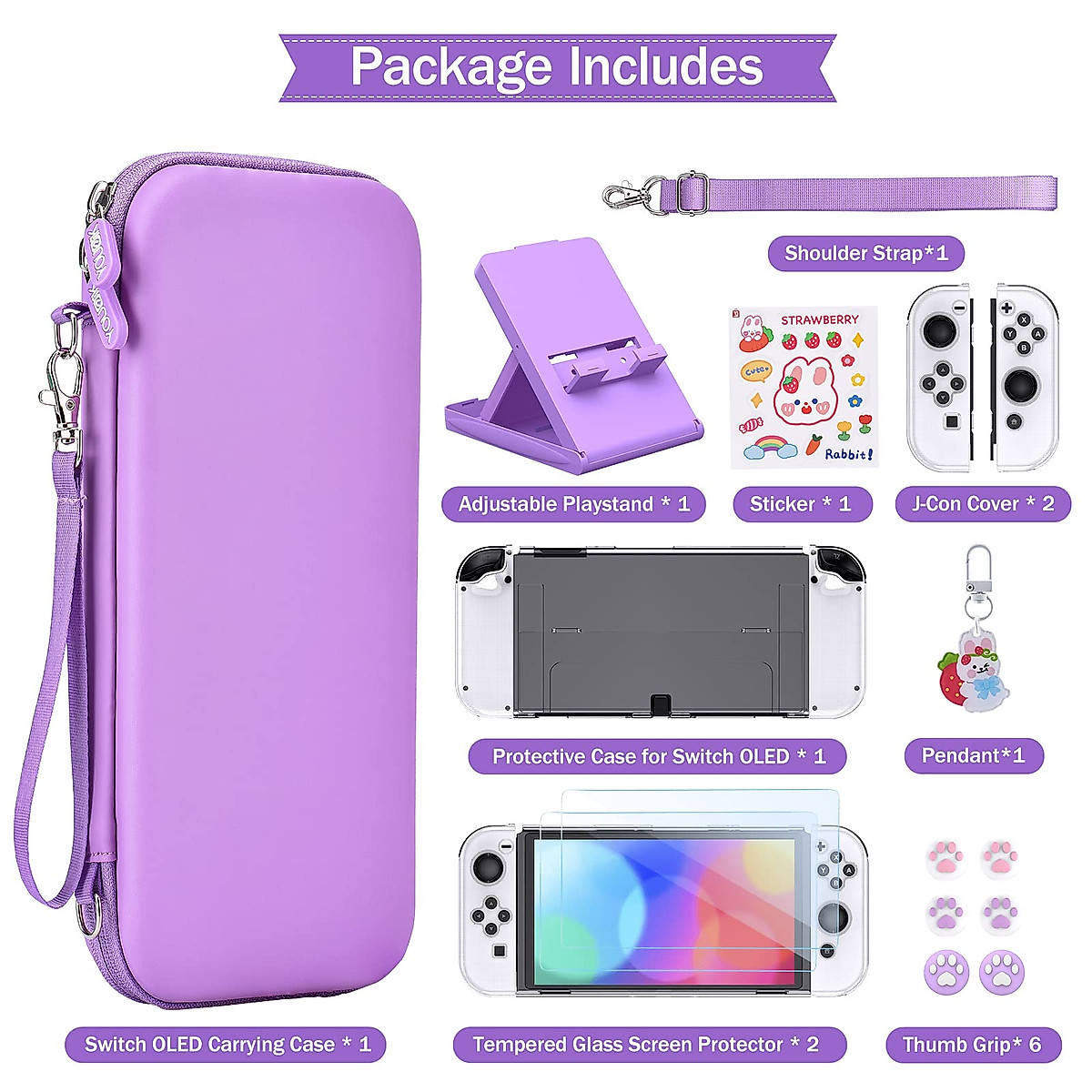 Younik Switch OLED Accessories Bundle, 17 in 1 Purple Switch Oled Accessories Kit for Girls Include Switch Carrying Case, Adjustable Stand, Protective Case for Switch Console & J-Con