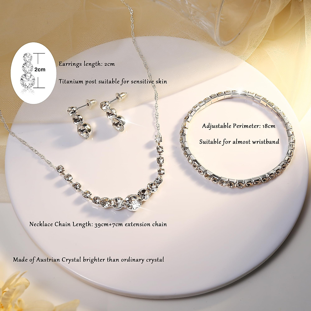 Jstyle Silver Bridal Jewelry Set Rhinestone Necklace Bracelet Dangle Earrings for Bride Bridesmaid Teardrop Pendant Crystal Wedding Prom Jewelry Accessories for Women 1