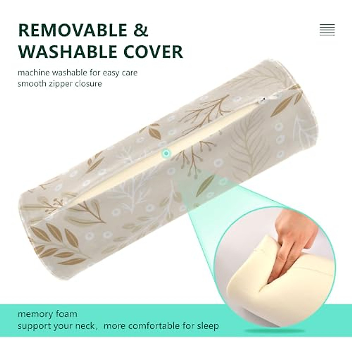 xigua Golden Leaf Flower Neck Roll Pillow for Neck Relief with Removable Washable Cover - Memory Foam Round Cylinder Bolster, Ergonomically Designed for Head, Neck, Back, and Legs