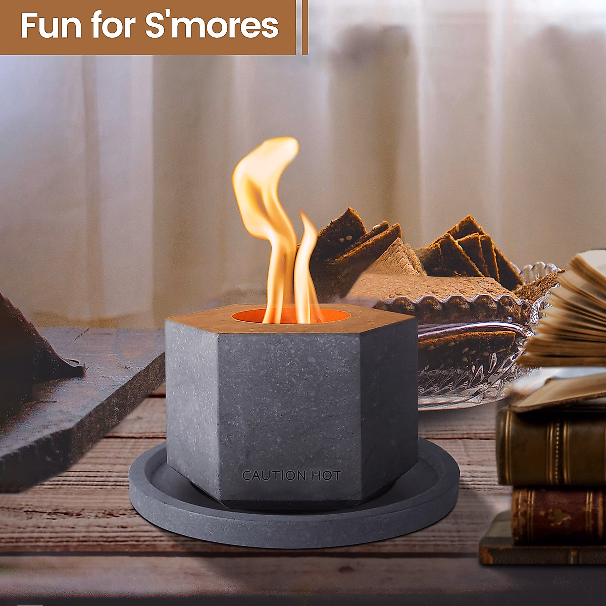 Kante 5.5 in. W Hexagonal Column Portable Concrete Rubbing Alcohol Tabletop Fire Pit w/Metal Extinguisher, Blue Fire Glass & 7.2 in. Dark Gray Base,Ethanol Fireplace,Indoor Tabletop Fire Pit Bowl Pot