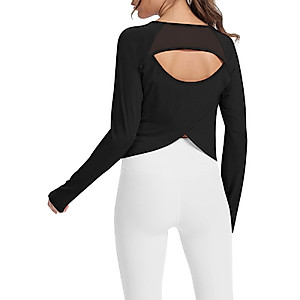 Mippo Womens Long Sleeve Workout Tops Yoga Shirts Athletic Gym Wear Cute Work Out Clothes Backless Shirts Cropped Workout Top Womens Activewear Tops for Women Black XL