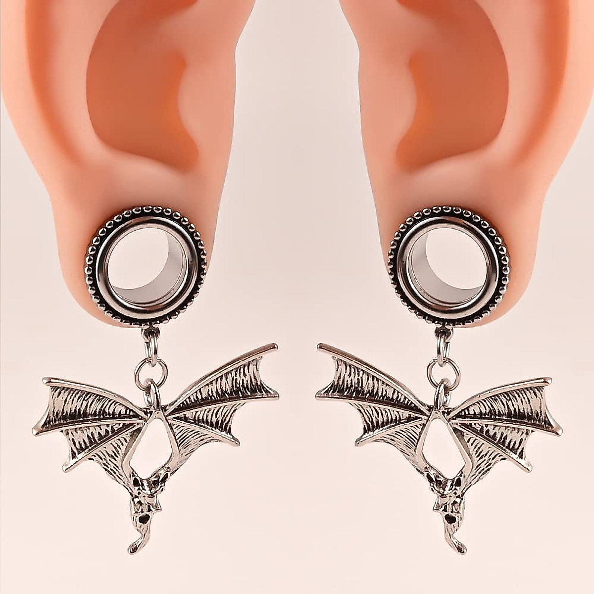 Atomhole 2 PCS Bat Dangle Ear Gauges Hypoallergenic Ear Plugs Tunnels 316 Stainless Steel Ear Expander Stretcher Piercing Body Jewelry Pair Selling 2g 0g (8mm(0G), Silver)