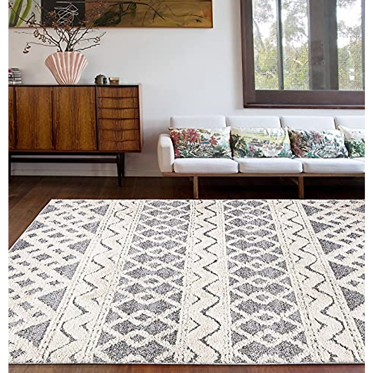 Rugshop Boho Tribal Geometric High-Low Soft Area Rug 5' x 7' Gray