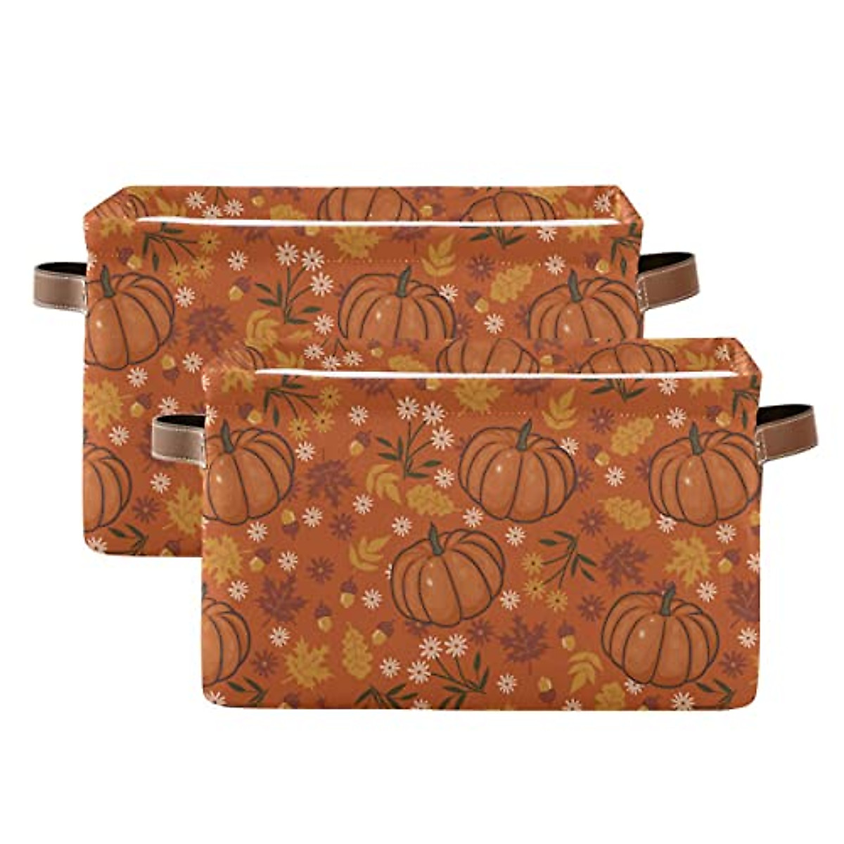 xigua Flowers Autumn Leaves and Pumpkins Foldable Canvas Storage Bin, Sturdy Fabric Storage Basket with Handles, Storage Cube Box for Organizing Shelf Nursery Toy Closet 2PCS