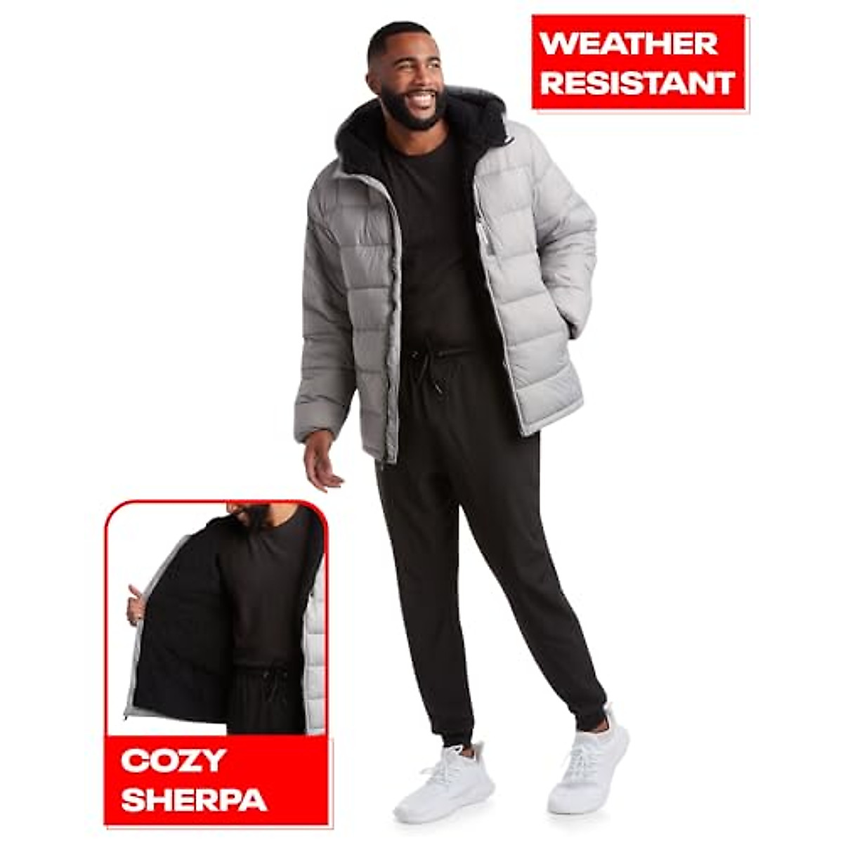 Reebok Mens Winter Jacket - Heavyweight Quilted Puffer Parka Coat - Insulated Sherpa Lined Outerwear Jacket for Men, M-XXL, Size Medium, Steel Grey/Black