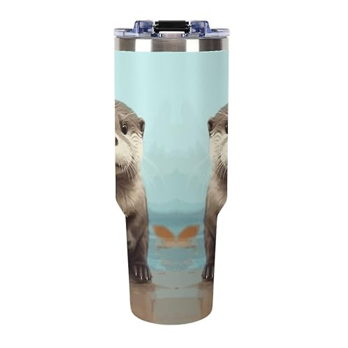 LLUTSNTH 40 Oz Vacuum Tumbler with Deep Blue Handle Leakproof Insulated Tumbler Cute Otter Stainless Steel Travel Mug with Lid And Straw Coffee Cup Cute Water Bottles Cup Holder Friendly