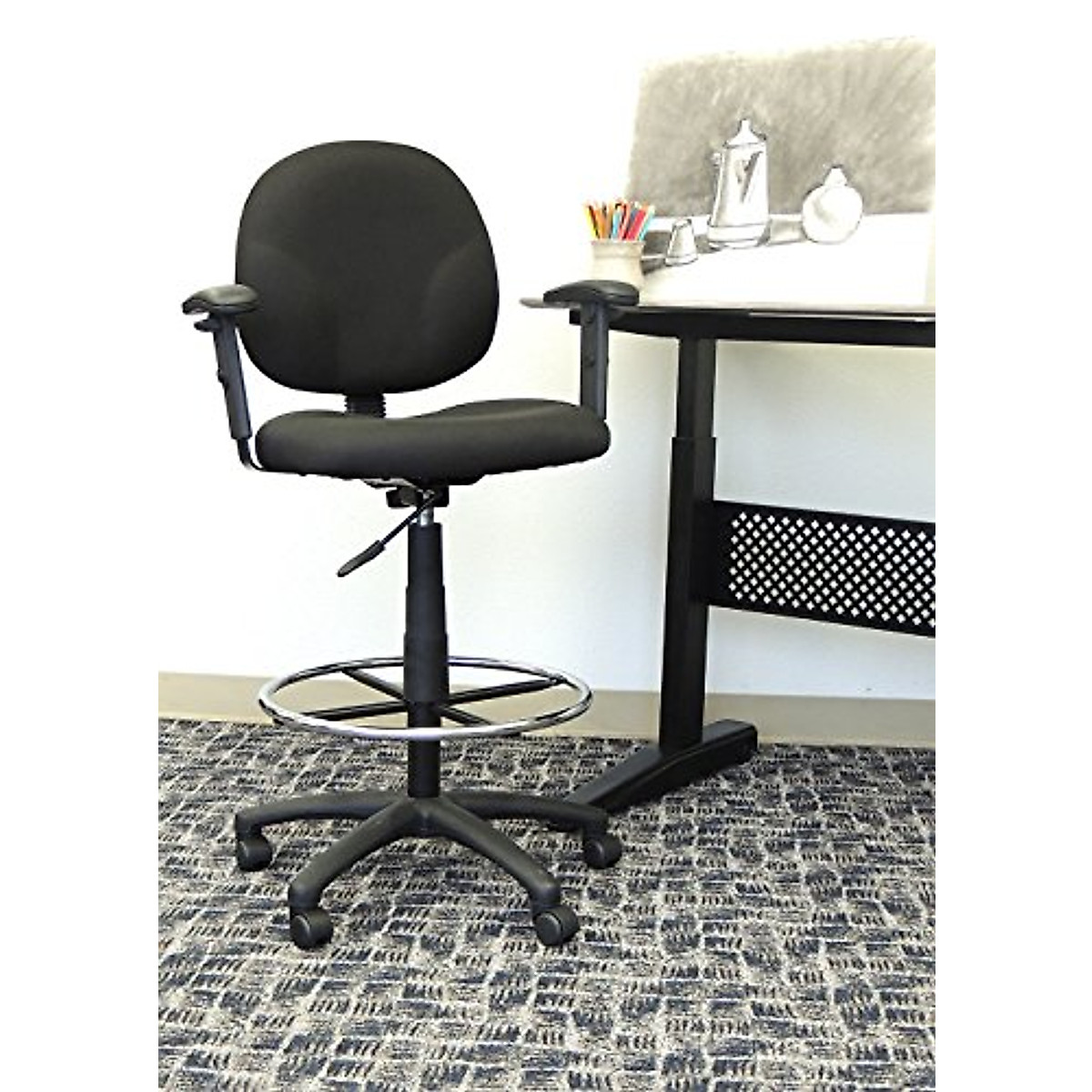 Boss Office Products B1691-BK Stand Up Fabric Drafting Stool with Adjustable Arms in Black