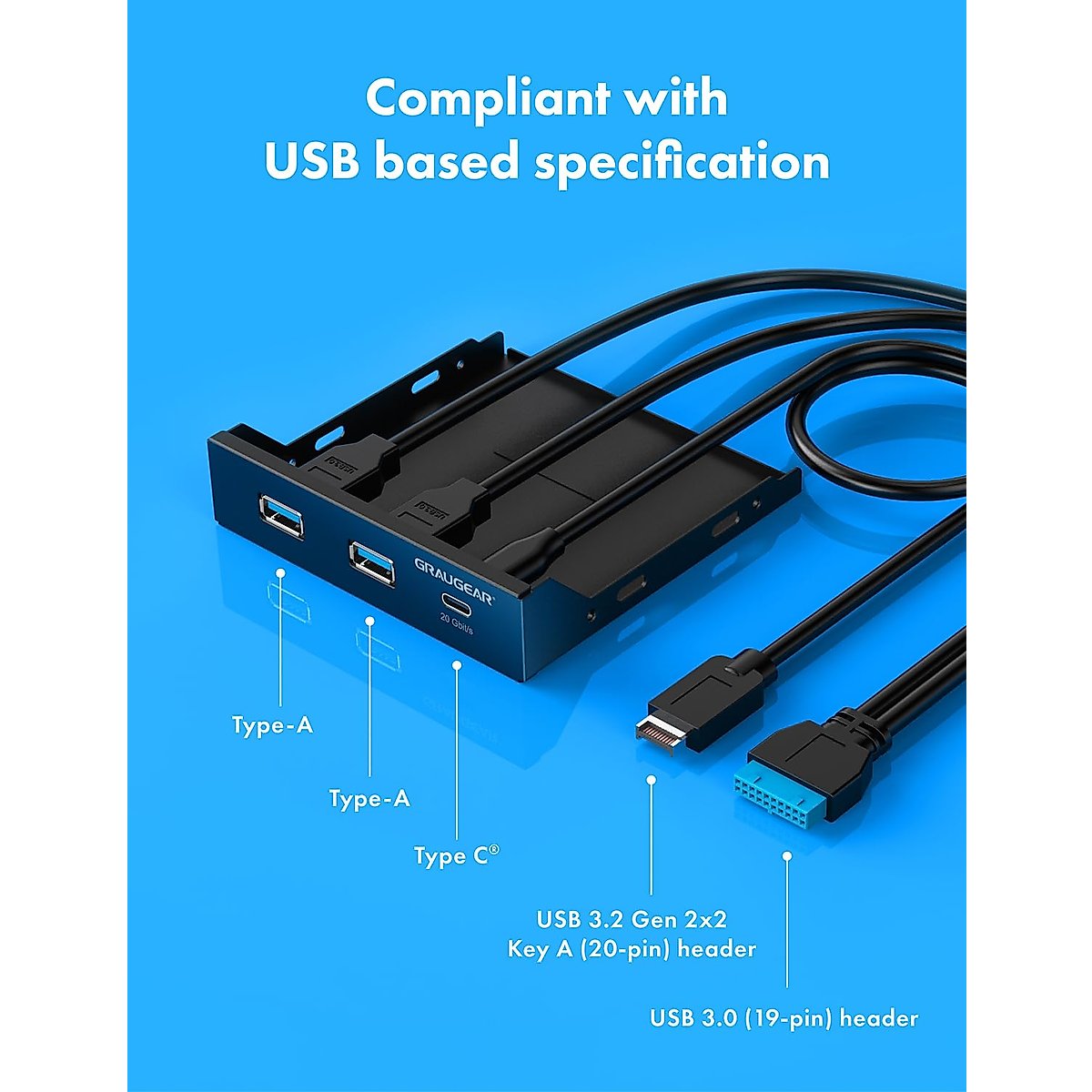 GRAUGEAR 3.5 Inch Front Panel USB Hub, Internal USB Hub with 20Gbps USB3.2 Gen2 USB-C and USB 3.0 Ports, USB3.2 Type-E Key-A 20-Pin Header & USB3.0 Header Required, Fits 3.5" PC Computer Case [G-MP01]