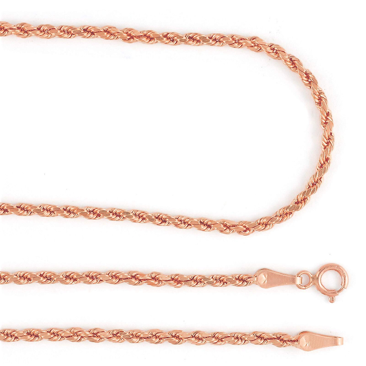 Nuragold 10k Rose Gold 1.5mm Rope Chain Diamond Cut Womens Dainty Pendant Necklace, 14" 16" 18" 20" 22" 24" 26"