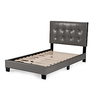 Poundex Twin Faux Leather Upholstered Bed, Grey