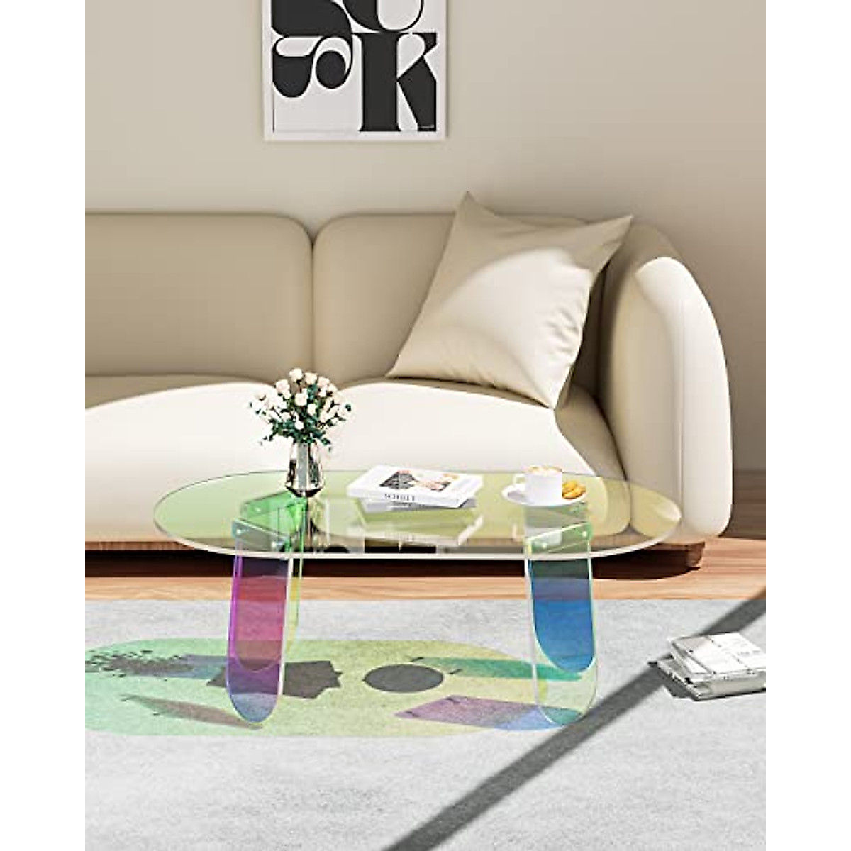 KSacry Acrylic Coffee Tables Modern Accent Night Stand Iridescent Table Coffee Table Side Table Round End Table Modern Chic Desk-Living for Office Home Decor (4 Legs Style, 37.4"L X 19.7"W X 13.8"H)