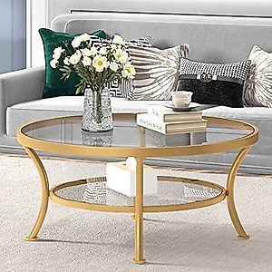 O&K FURNITURE Modern Round Coffee Table with Storage, 2-Tier Glass Top Coffee Table for Living Room, Gold