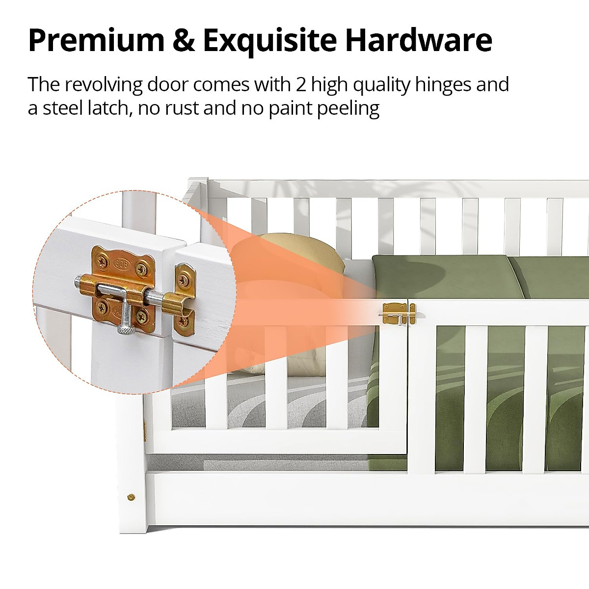 i-POOK Twin Floor Bed for Children, Sturdy Wood Montessori Bed Frame with Wood Slats, Fence & Door, Montessori Floor Bed for Girls and Boys, White