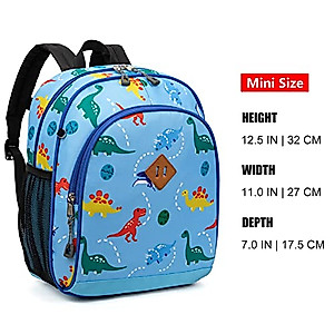 JinBeryl Toddler Backpack for Boys, 12 Inch Kids Dinosaur Backpack for Preschool or Kindergarten, Light blue