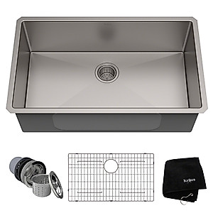 Kraus KHU100-32 Standart PRO 16 Gauge Undermount Single Bowl Stainless Steel Kitchen Sink, 32 Inch and KRAUS Multipurpose Over-Sink Roll-Up Dish Drying Rack, Colander and Trivet in Black, KRM-10BLACK