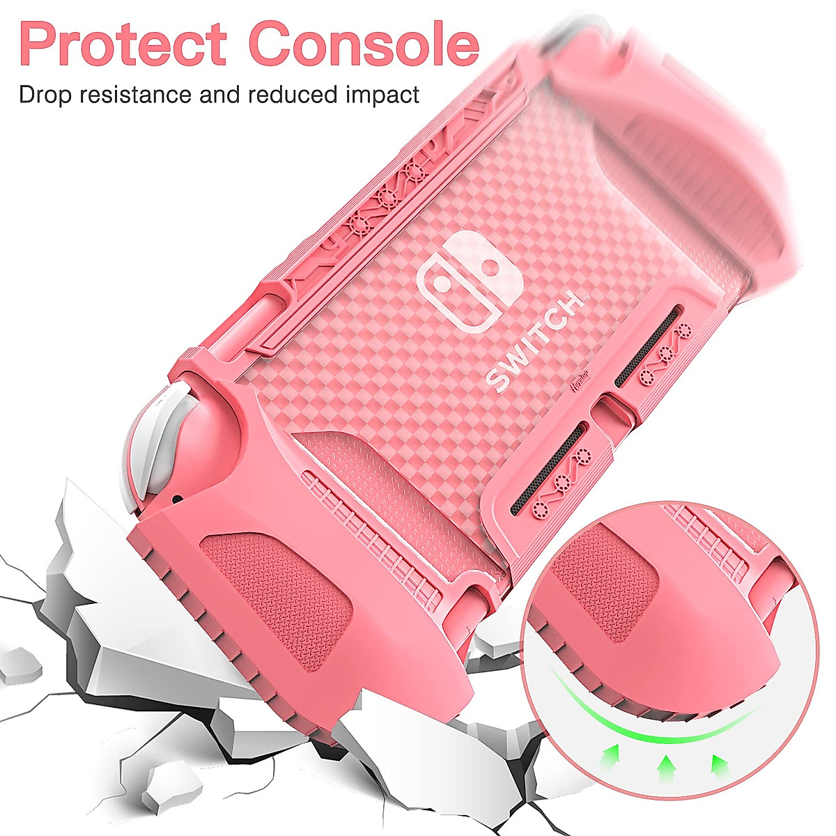 HEYSTOP Case Compatible with Nintendo Switch Lite, with Tempered Glass Screen Protector and 6 Thumb Grip, TPU Protective Cover for Switch Lite with Anti-Scratch/Anti-Dust (Pink)