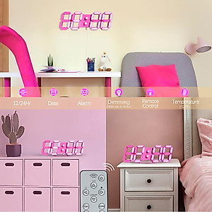 KOSUMOSU Pink LED Clock 3D Wall Clock 9.7" Table Clock for Living Room Modern Digital Clock for Bedroom Aesthetic Bedside Desk Clock with Remote/Dimming/12/24H/Temp/Alarm Clock/Date