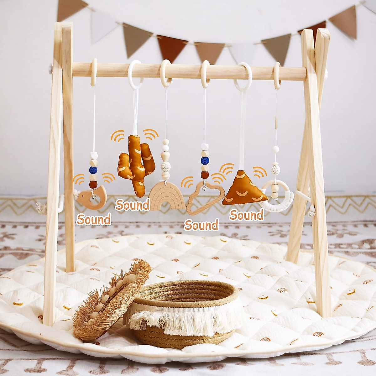 PgUp Wooden Baby Play Gym with Rainbow Mat, Foldable Baby Gym with Soft Playmats & 6 Hanging Toys for Baby Play & Learn, Toddler Activity Center Wooden Play Gym Newborn Gift for Baby Girls and Boys