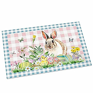 Welcome Doormat Easter Bunny Spring Green Leaf Floral Egg Basket Pink Blue Plaid,Non Slip Indoor Floor Mat Bath Rug,Rabbit Chick Flower Entrance Carpet Bedroom Kitchen Living Room Bathroom 16x24In