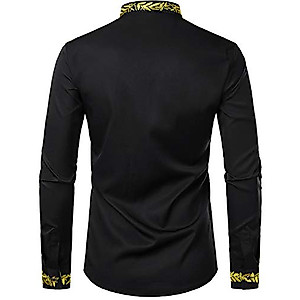 ZEROYAA Men's Luxury Gold Embroidery Design Slim Fit Long Sleeve Button Up Dress Shirts ZHCL44-Black Large