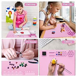 Silicone Mat for Painting 20"x16", Silicone Craft Mat Set with Magnetic Pop-Up Water Cup, Brush, Bag, 12 Color Dividers, Best Gift Chrismad for Family, Pink