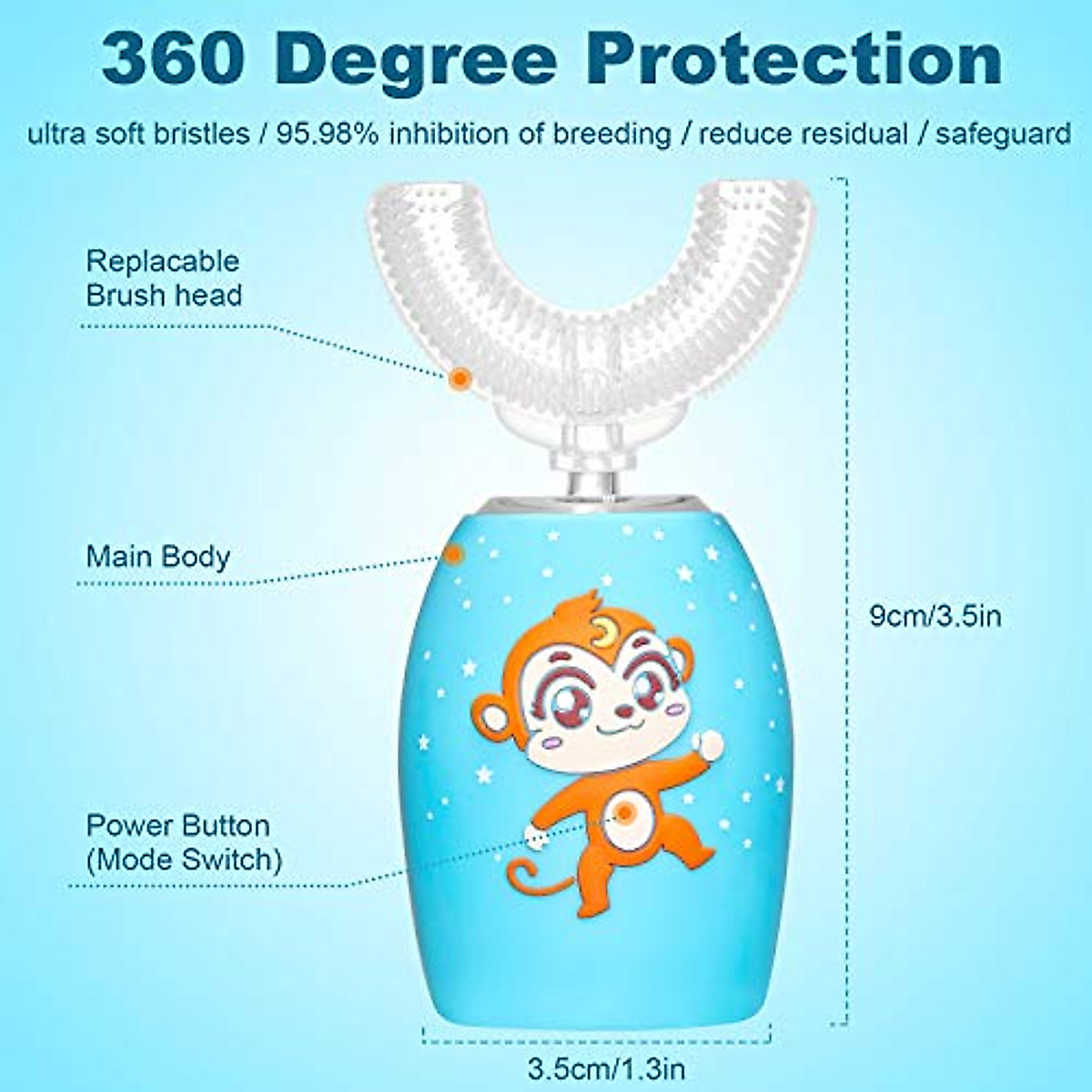 Sunartec Kids Musical U Shaped Toothbrush, Ultrasonic Electric Toothbrushes for Kids 2 Brushing Modes and 1 Gums Care 360° Sonic Toothbrushes for Child 4 Brushheads (Purple and Blue Random)