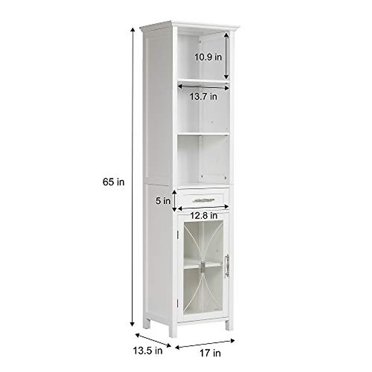 Teamson Home Delaney Wooden Freestanding Floor Linen Cabinet with 1 Drawer 3 Adjustable Shelves 6 Storage Spaces and 1 Tempered Glass-Paneled Door, White