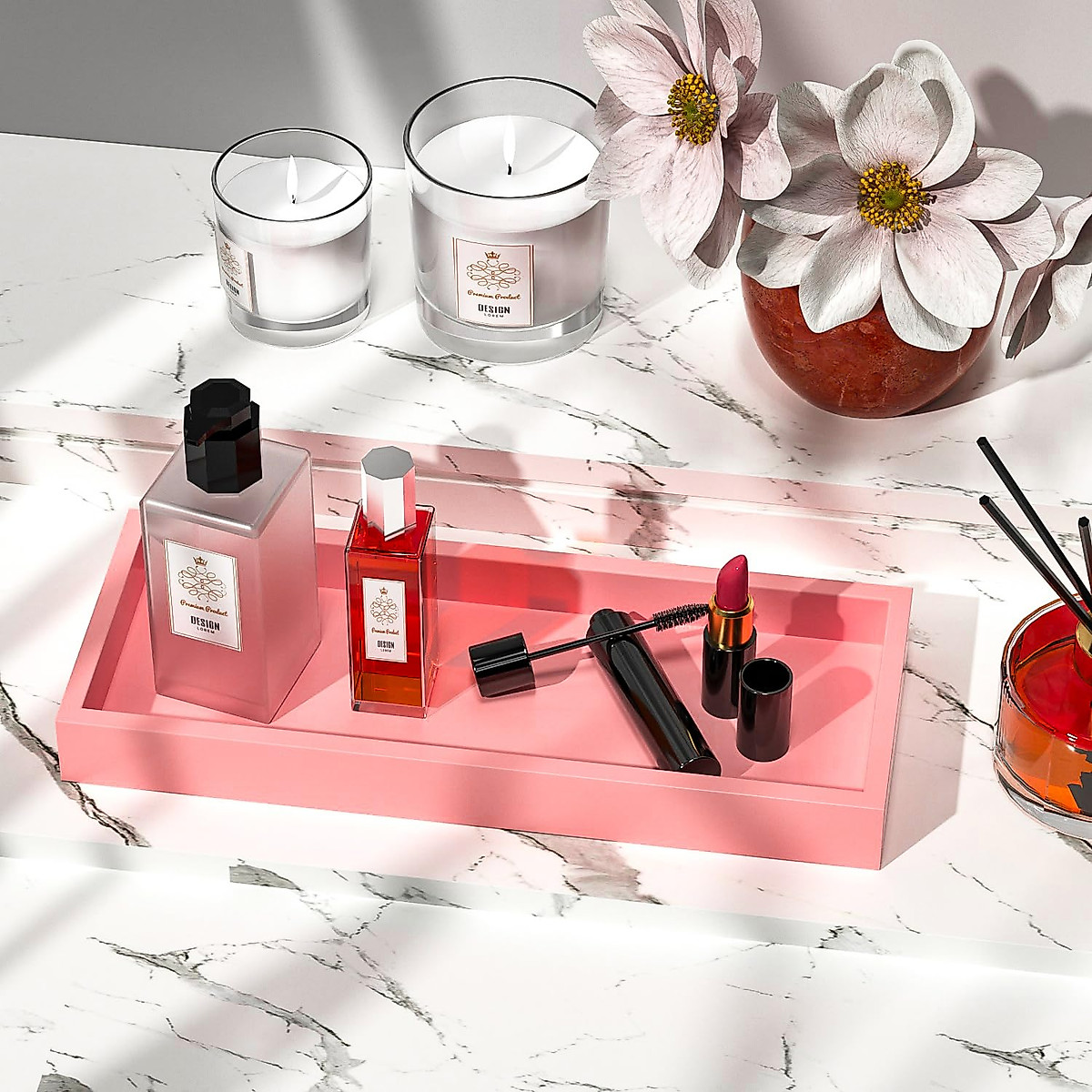 Bathroom Vanity Tray Bamboo Tray - for Counter Wood Small Bathroom Decorative Tray, Dresser Top Perfume Tray for Home Decoration 11.3” L x 4.4” W x 1.14” H （Pink）