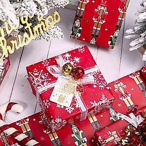 WRAPAHOLIC Reversible Nutcracker Christmas Wrapping Paper - Mini Roll - 17 Inch x 33 Feet - Red Nutcracker and Snowflake Design for Christmas, Holiday, Party Celebration