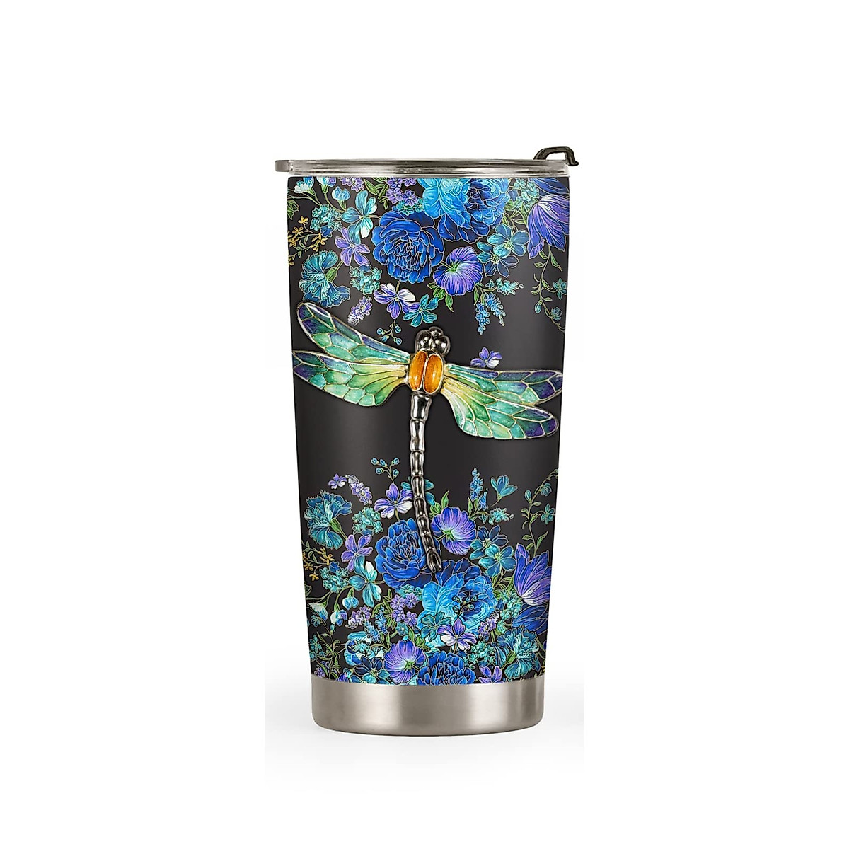 64HYDRO 20oz Dragonfly Gifts for Women, Valentines Day Gifts for Her, Coffee Thermos, Coffee Gifts for Women, Inspirational Blue Flower Dragonfly Tumbler Cup, Insulated Travel Coffee Mug with Lid
