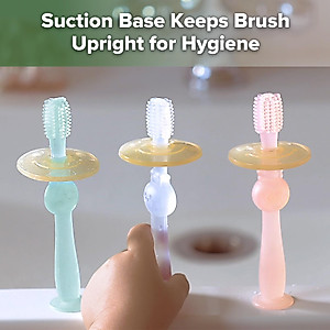 haakaa 360° Baby Toothbrush with Suction Base - Gentle Cleaning for Infant Self-Brushing Training, Food-Grade Silicone, Adjustable Safety Shield - Translucent (1 Piece)