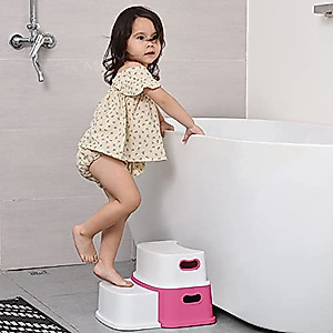 2 Step Stool for Kids, SKYROKU Toddler Stool for Potty Training,Bathroom, Kitchen, Toilet Stools with Soft Anti-Slip Grips for Safety Dual Height & Wide Two Step (1 Pack Pink)
