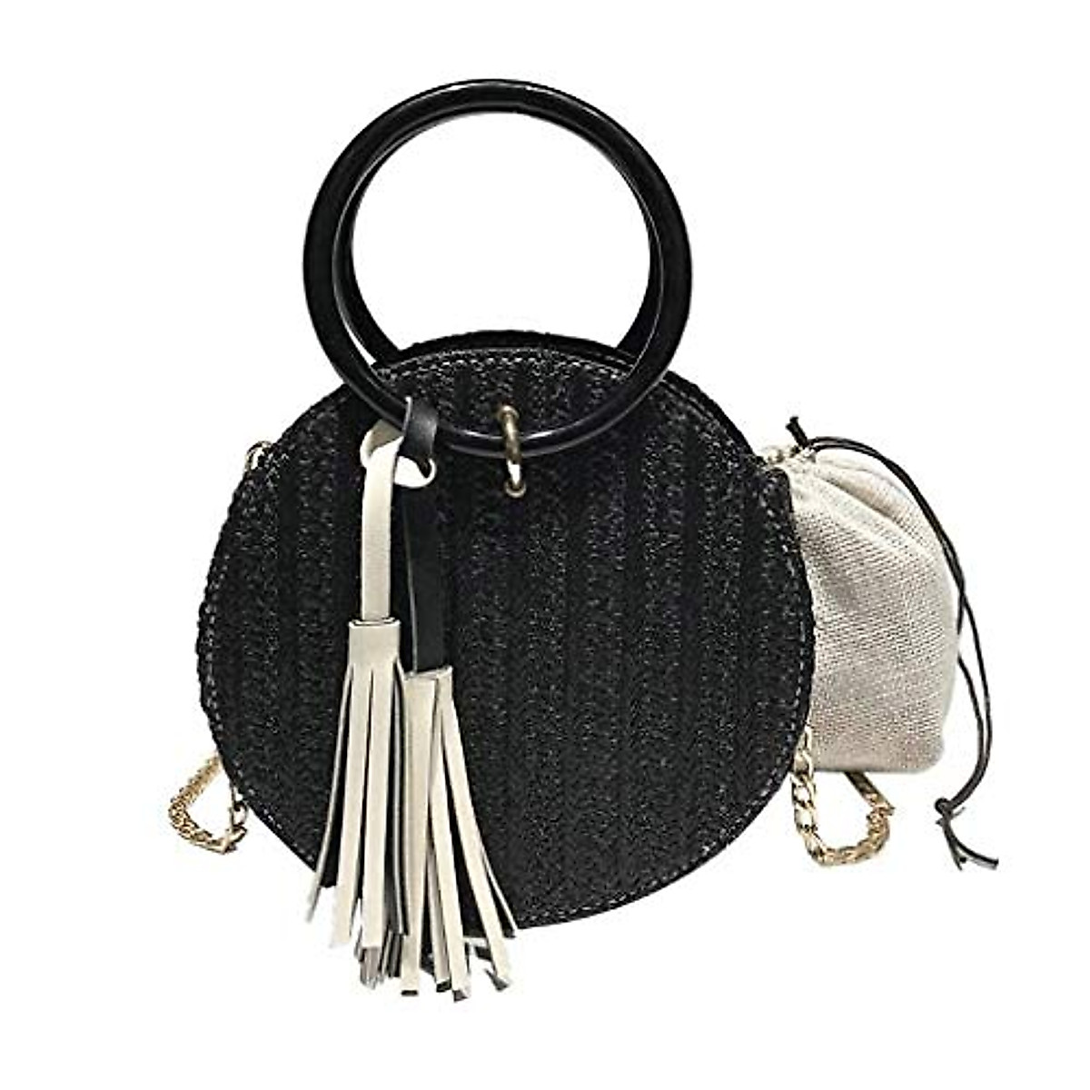 WPYYI Straw Handbags Women Handwoven Round Straw Bags Natural Chic Beach Tote Woven Shoulder Bag (Color : Black)