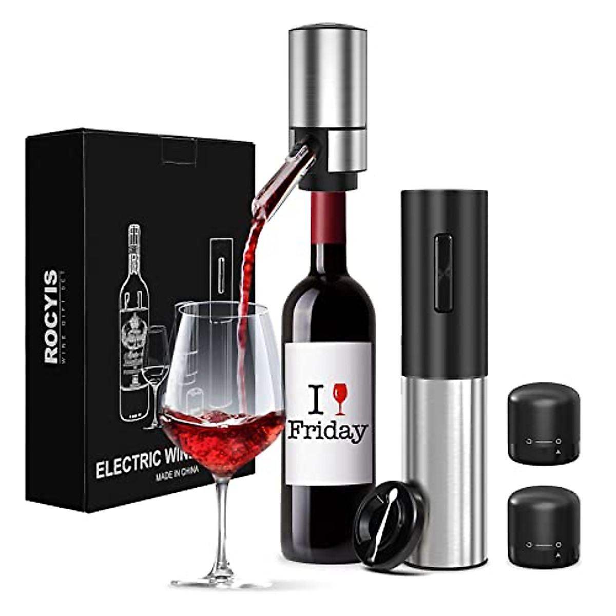 Wine Gift-Rocyis Wine Opener Set-Electric Wine Aerator Pourer-Wine Dispenser Battery Operated, Rechargeable Wine Bottle Opener with Foil Cutter, Vacuum Stoppers-Gift for Wine Lovers, Women