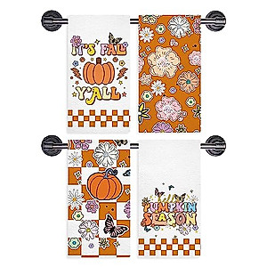 GAGEC Fall Kitchen Towels Retro Pumpkin Season Fall Dish Towels Set of 2, Floral Butterfly Boho Tea Towel 18 x 26 Inch Hand Drying Cloth Towel for Kitchen Home Decoration