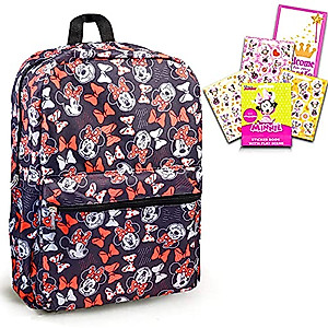 Walt Disney Studio Minnie Mouse School Backpack For Girls 3 Pc Bundle With 16 inch Minnie Mouse Print All-Over School Travel Bag, Minnie Stickers, And More Minnie Mouse School Supplies