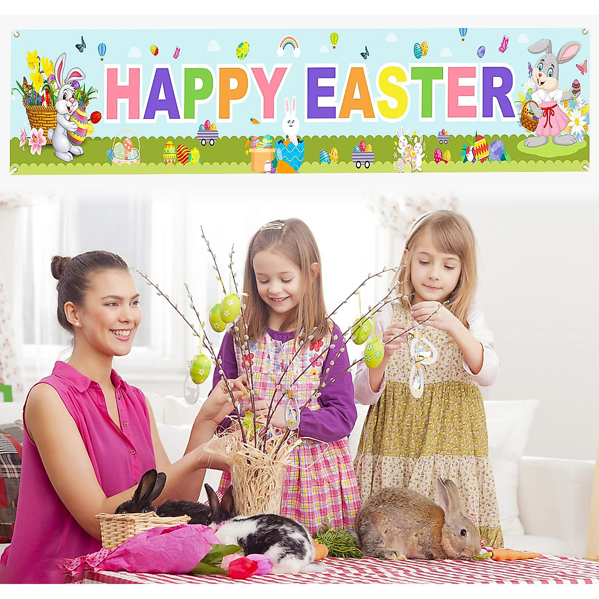 Happy Easter Banners, Easter Bunny Banner Egg Hunt Decorations, Spring Bunny Egg Butterfly Flower Easter Theme Party Banner Rustic Lawn Sign for Outside Garden